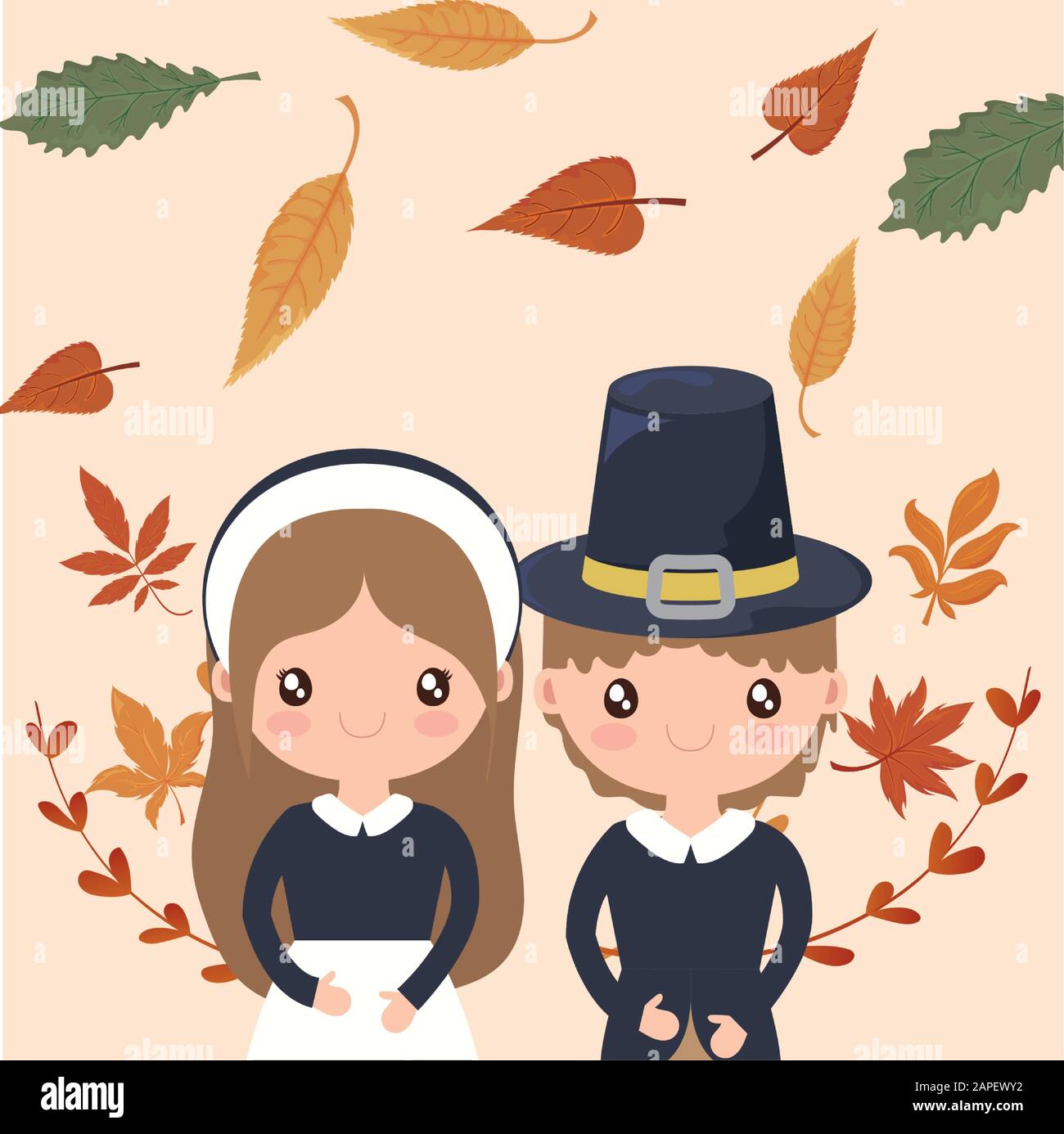 couple of pilgrims with autumn leaves vector illustration design Stock ...