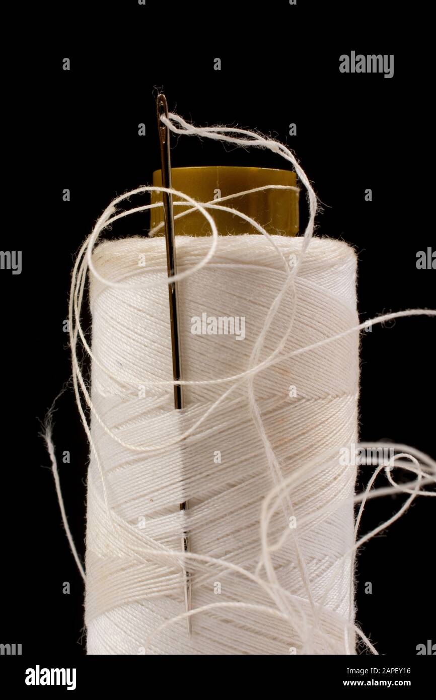 Needle and white cotton, tangled yarn on roll for sewing. Thread used ...