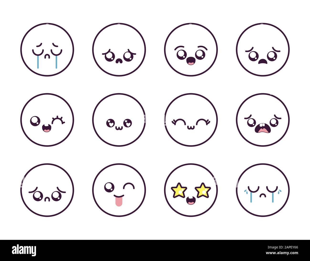 cartoon face icon set design, Kawaii expression cute character funny ...