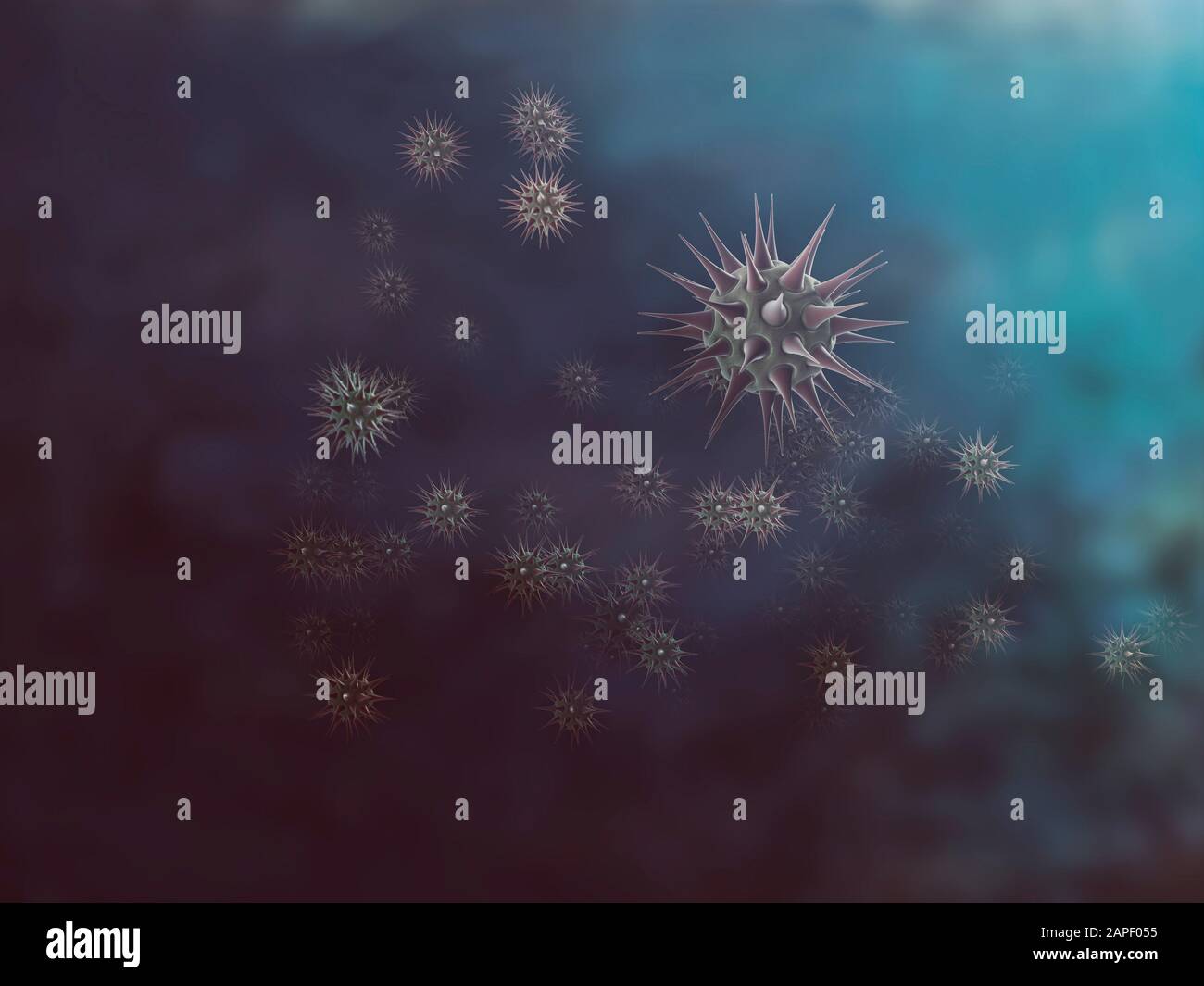 Viruses floating in a murky background in blue and purple tones created ...