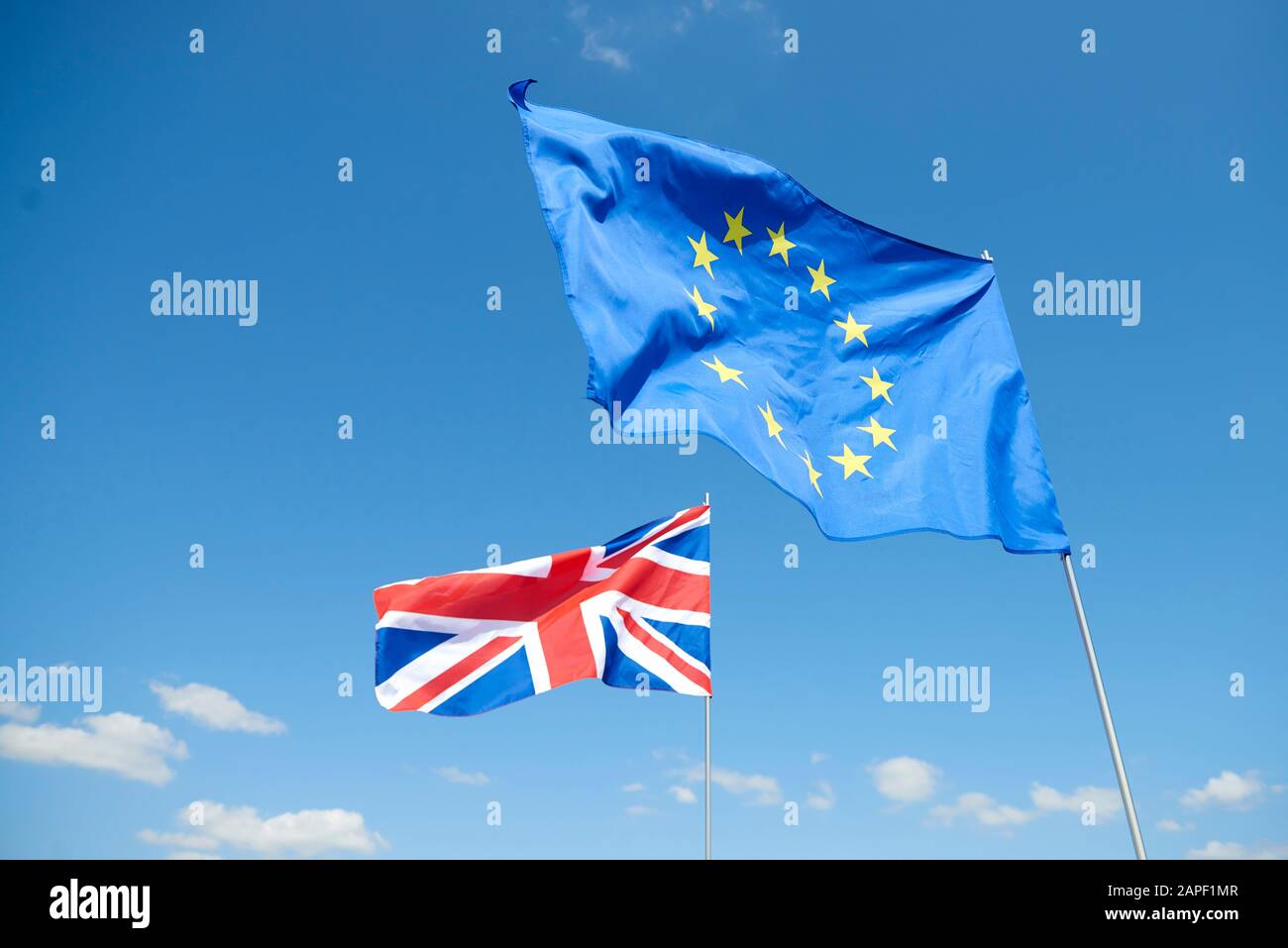 Flags of European Union and Britain in front of sky Stock Photo - Alamy
