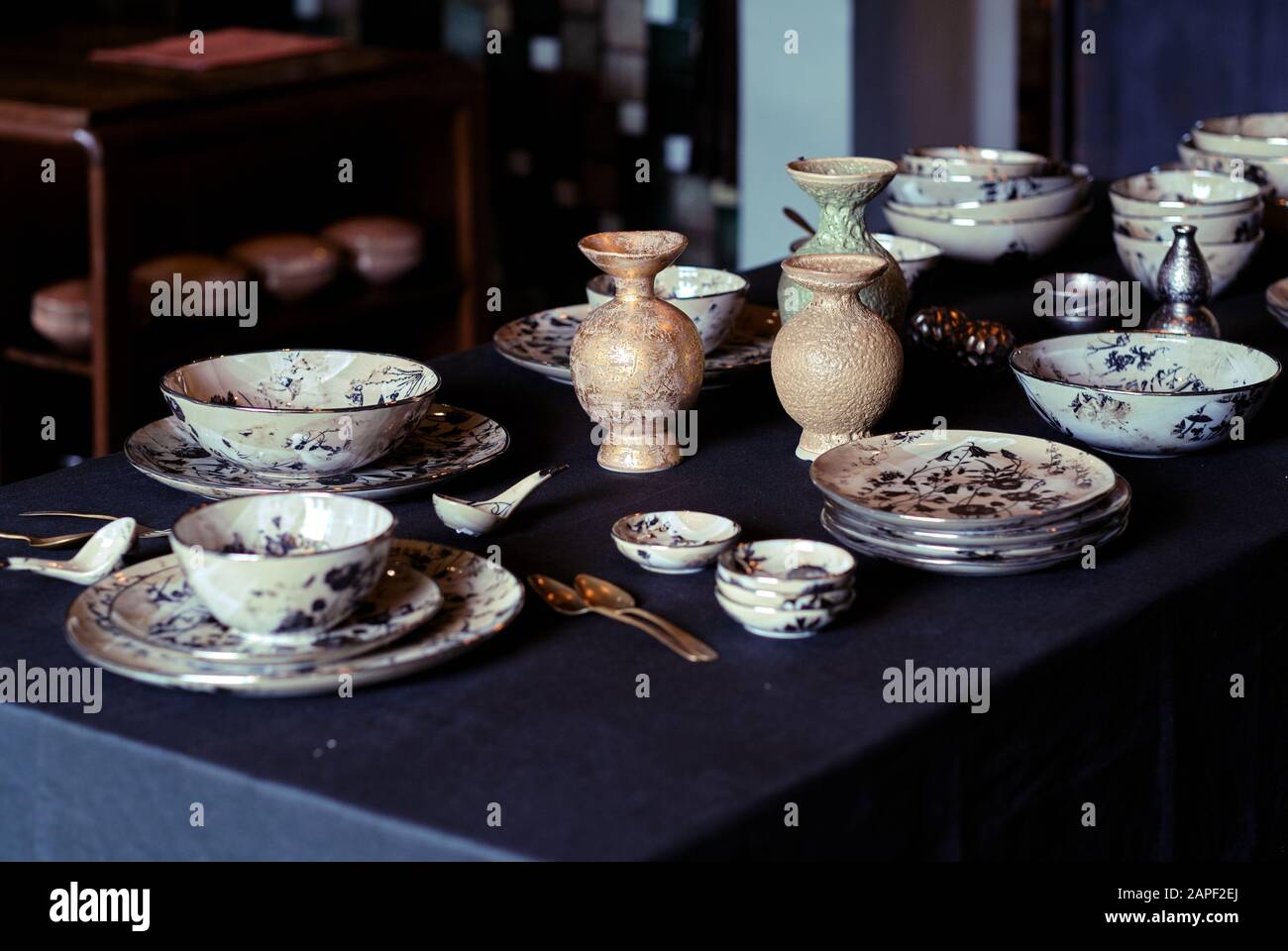 Bali, Indonesia - 23 Jan 2020: An decorative ceramic dining set in the ...