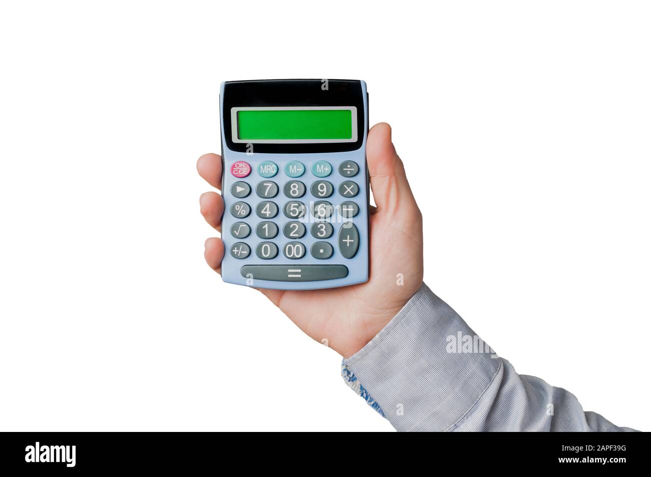 Man holding a calculator Cut Out Stock Images & Pictures - Alamy