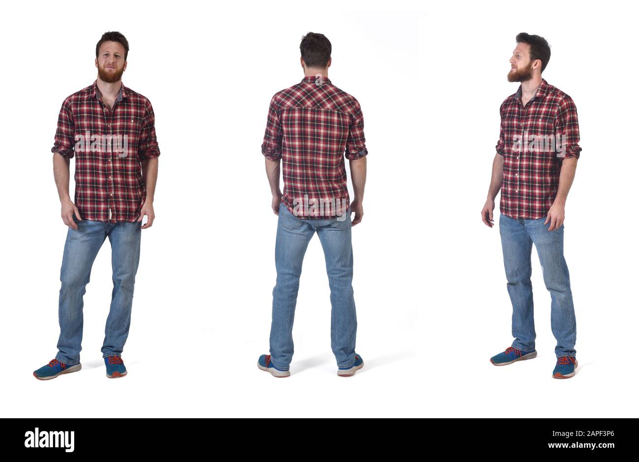 front, back and profile with a man with plaid shirt on white background ...