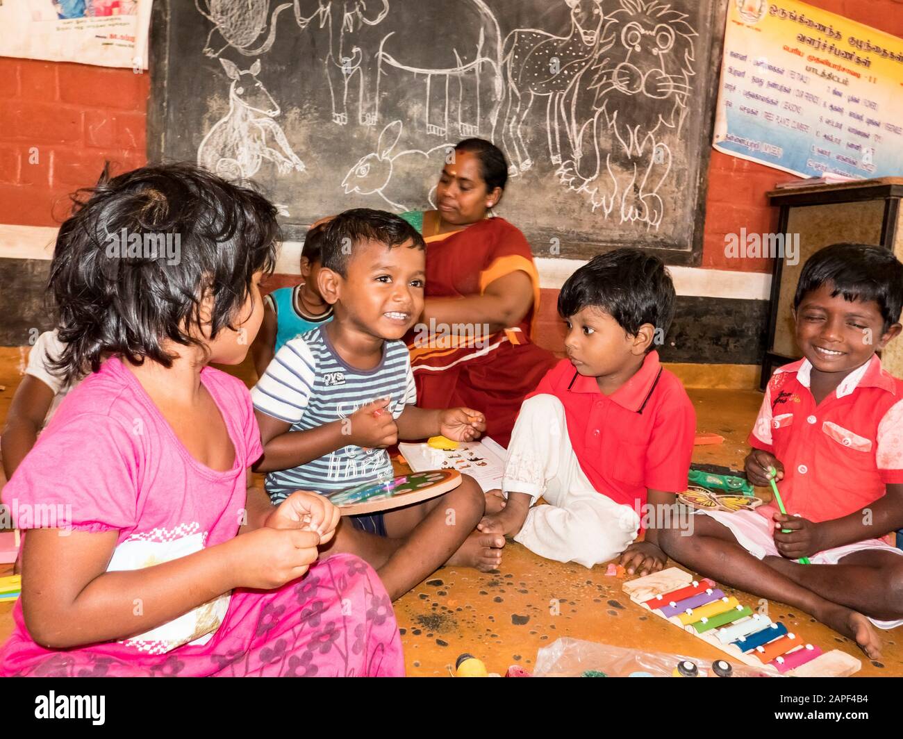 PUDUCHERY, INDIA - DECEMBER Circa, 2018. Interior of poor kids playing ...