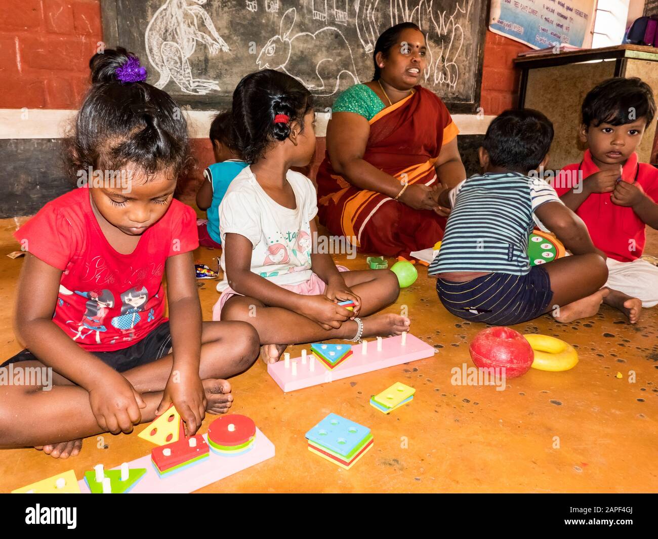 PUDUCHERY, INDIA - DECEMBER Circa, 2018. Interior of poor kids playing ...