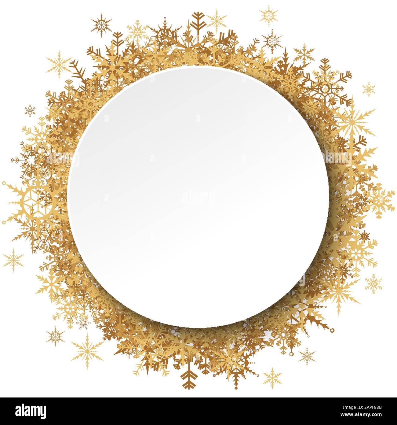 golden snowflakes behind empty round frame for christmas winter ...