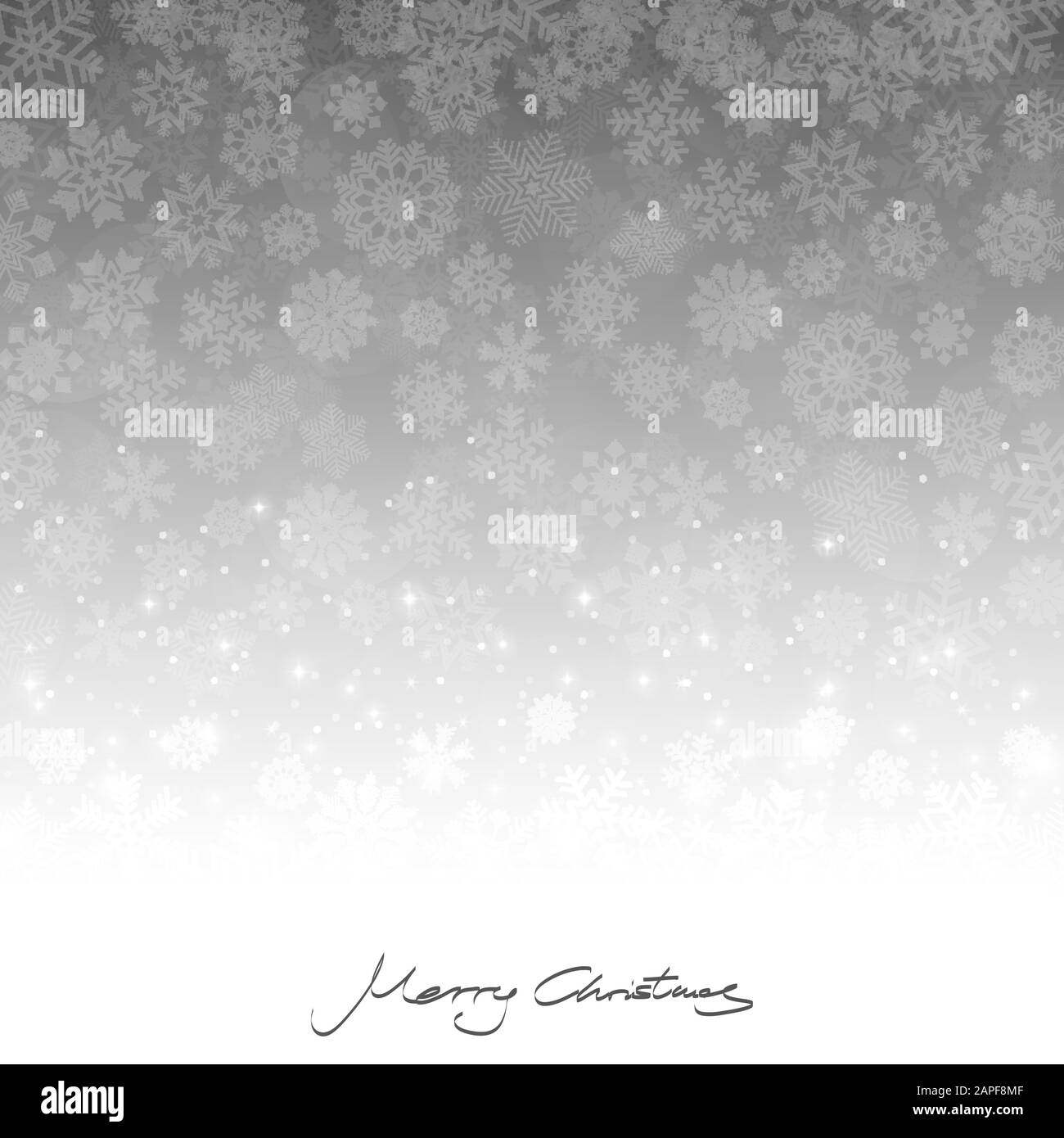 merry christmas greetings on silver snow flakes effect background Stock ...