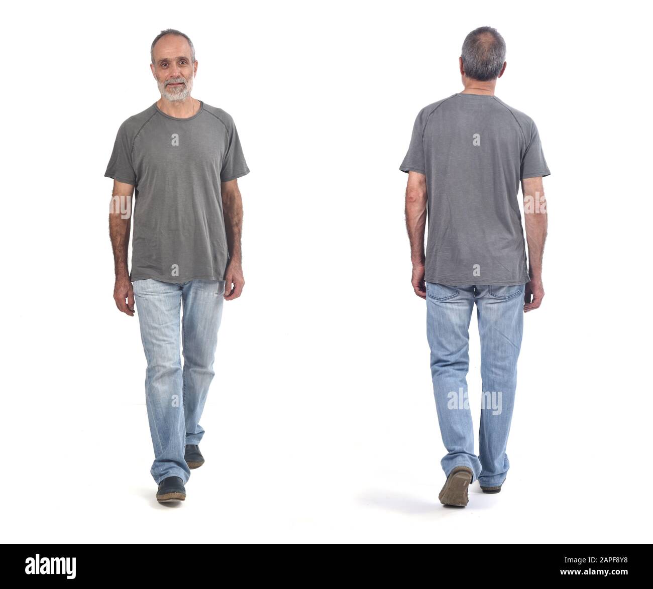 Man front and back walking on white background Stock Photo - Alamy