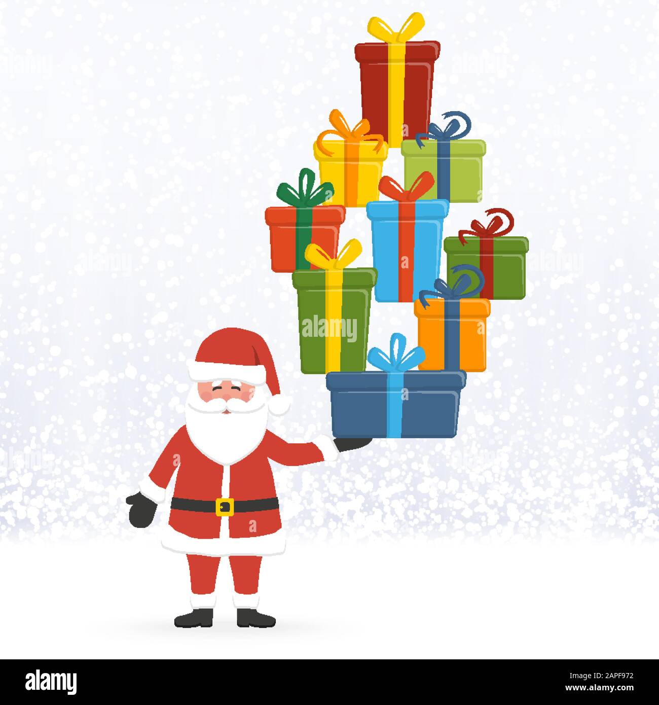 Santa Claus concept with colored gifts and blue snow fall background ...