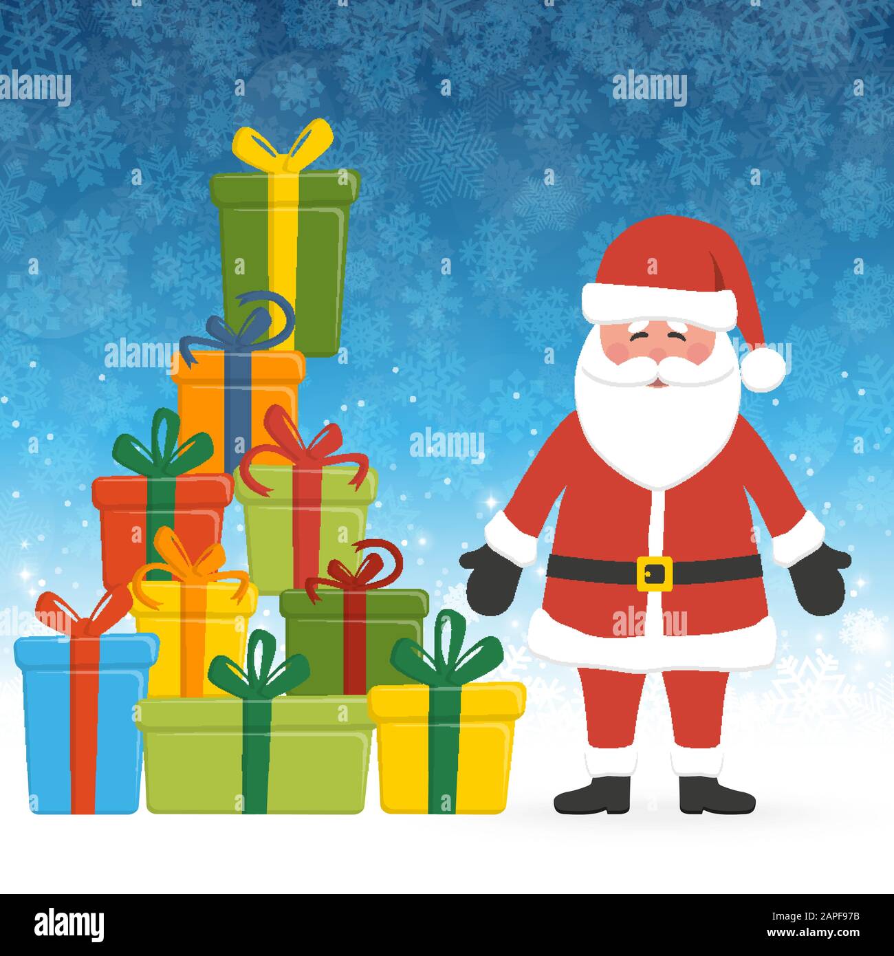 Santa Claus concept with colored gifts and blue snow fall background ...