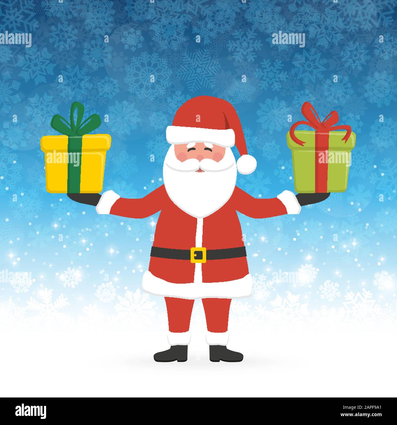 Santa Claus concept with colored gifts and blue snow fall background ...