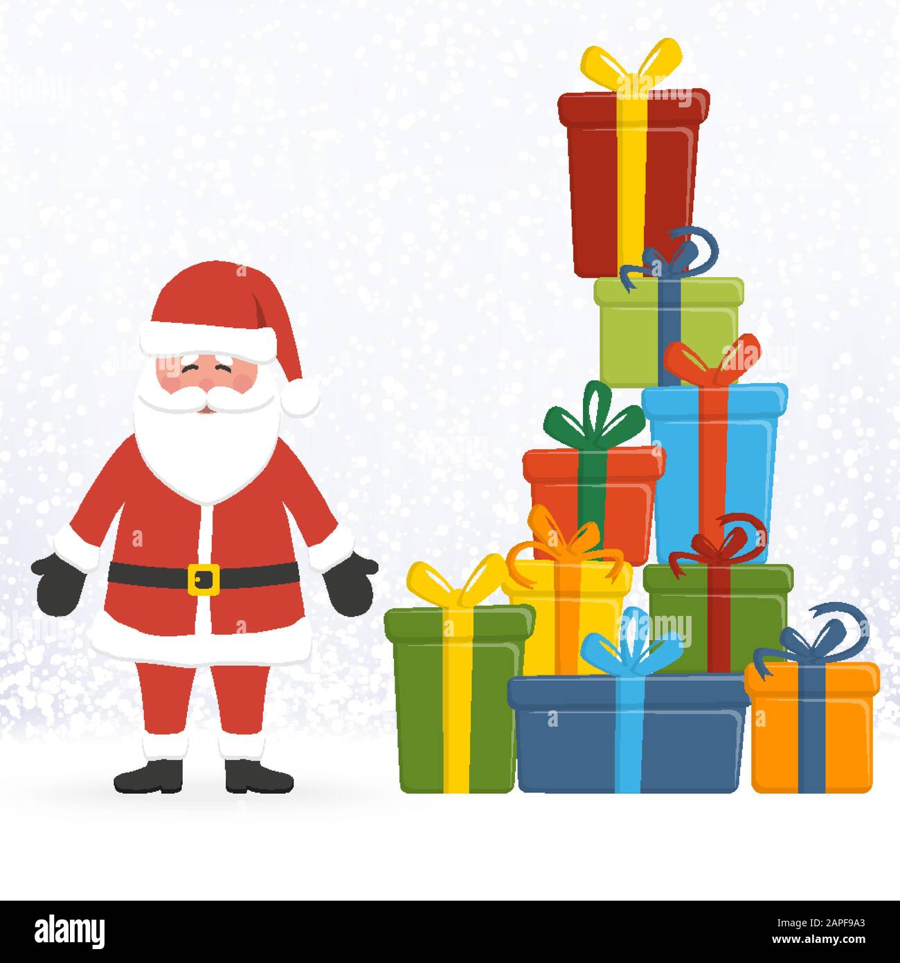 Santa Claus concept with colored gifts and blue snow fall background ...