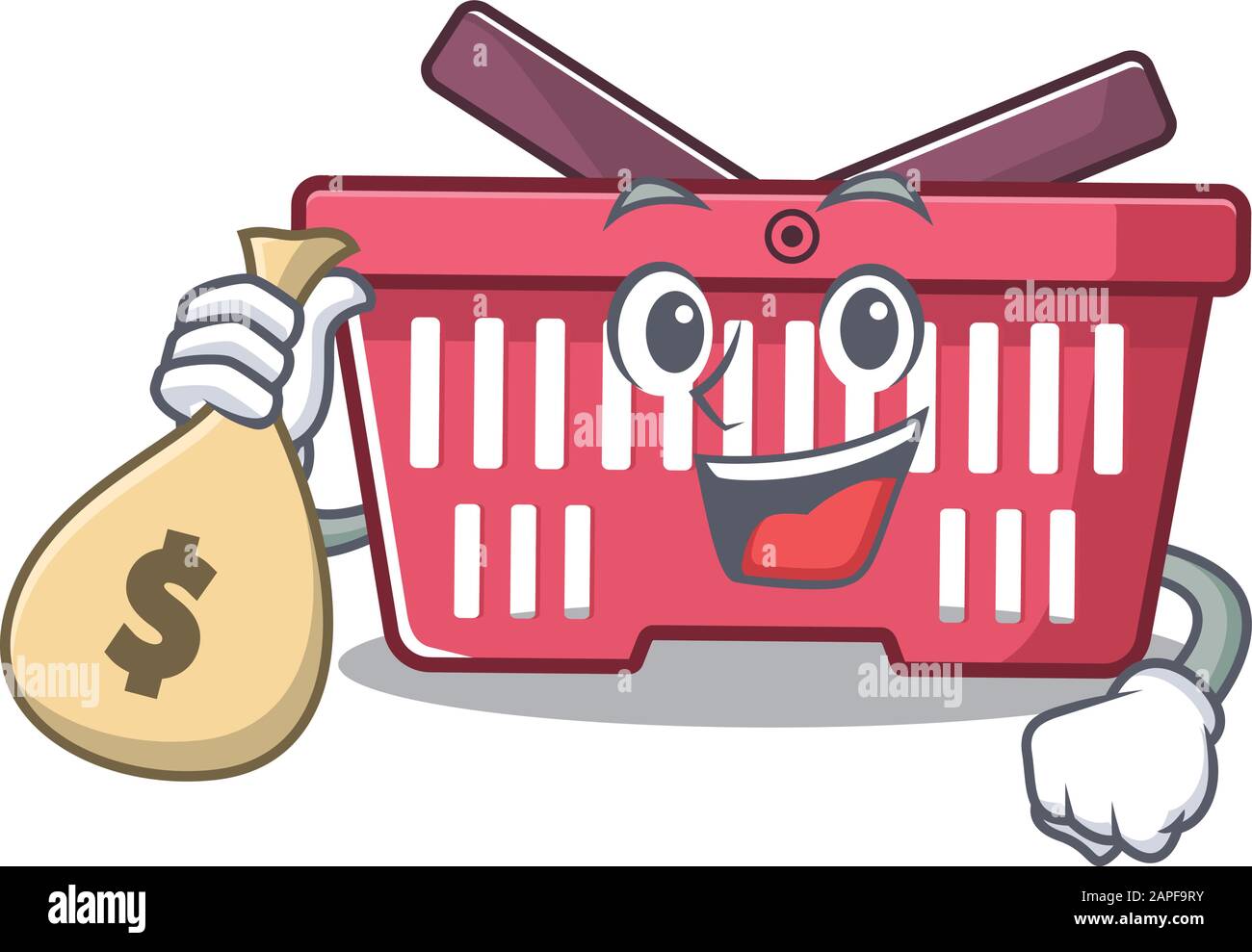 Happy rich shopping basket cartoon character with money bag Stock ...