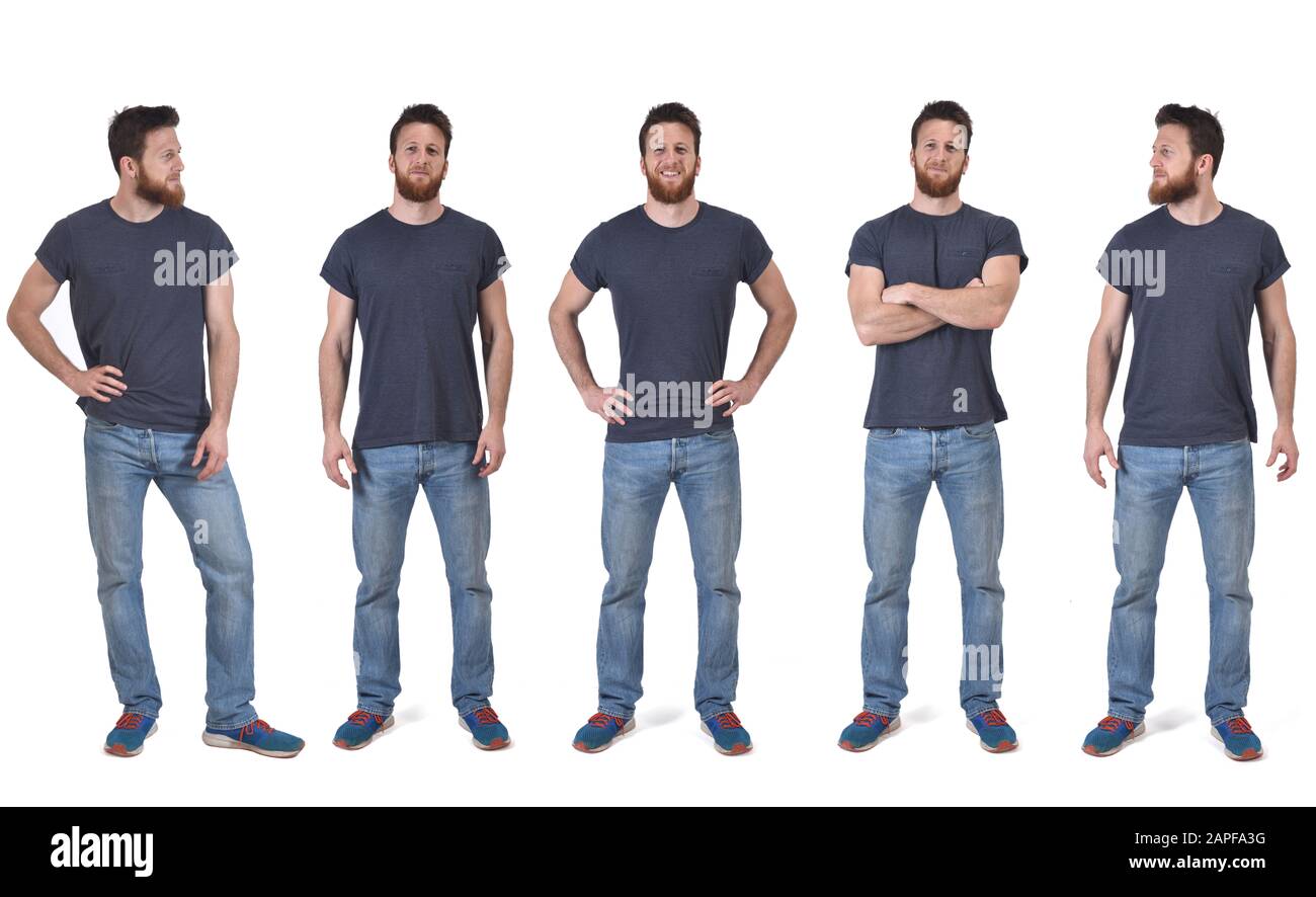 set of photos of a man in various poses in white background Stock Photo ...