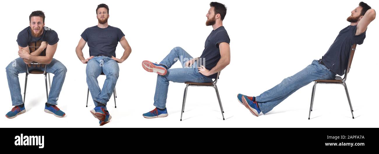 a man sitting in various ways in a chair Stock Photo - Alamy