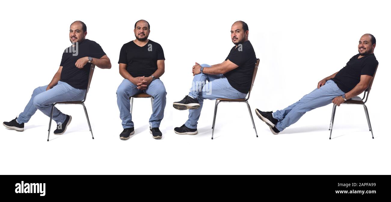 a man sitting in various ways in a chair Stock Photo - Alamy