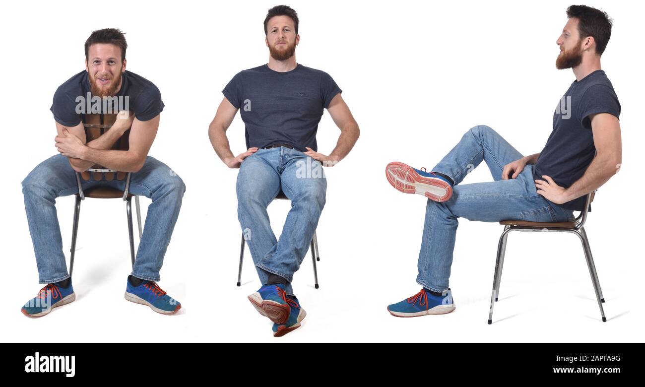 a man sitting in various ways in a chair Stock Photo - Alamy