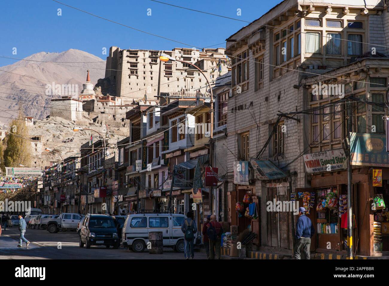 Main street of Leh city, and the Royal Palace, also Leh Palace, Ladakh ...