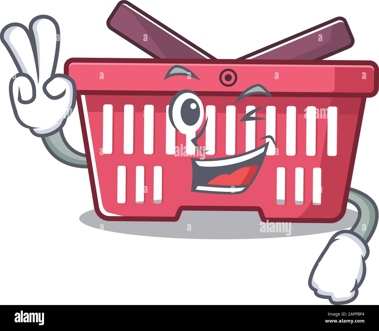 Smiley mascot of shopping basket cartoon Character with two fingers ...