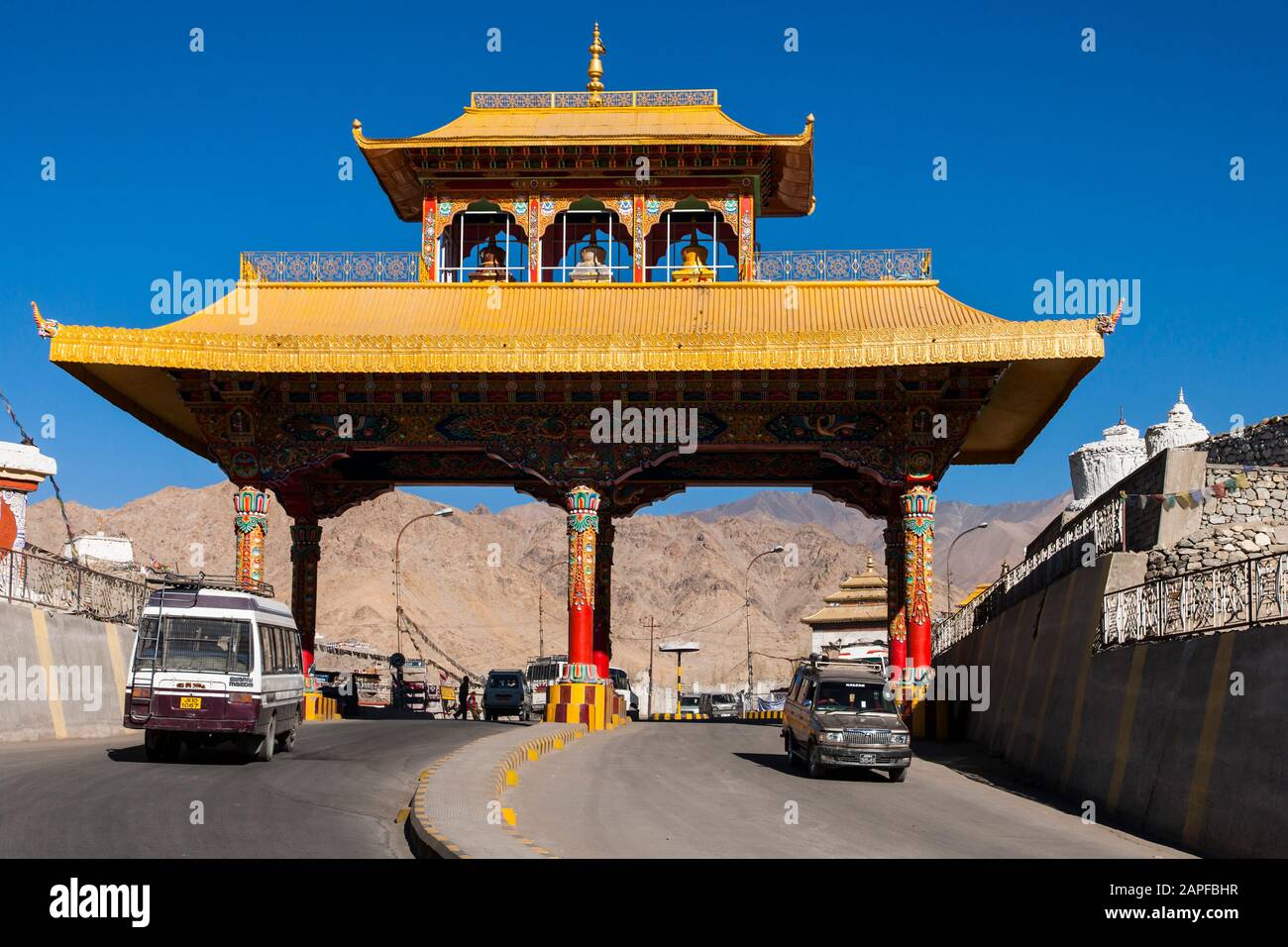City Gate and main street at Leh city, Leh, Ladakh, india, South Asia ...