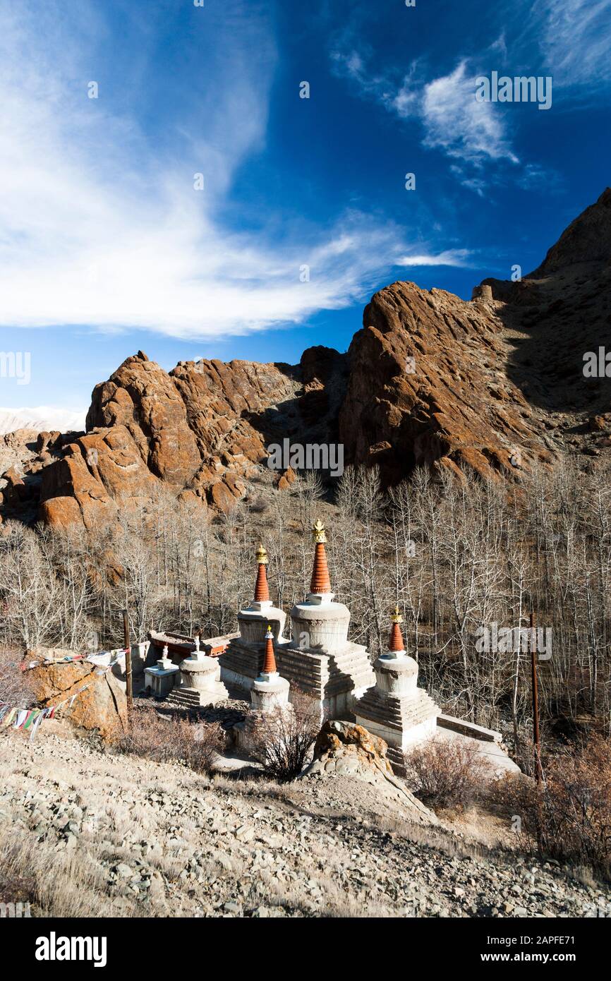 Landscape of rock and buddhism stupas, Hemis gompa or Hemis monastery ...