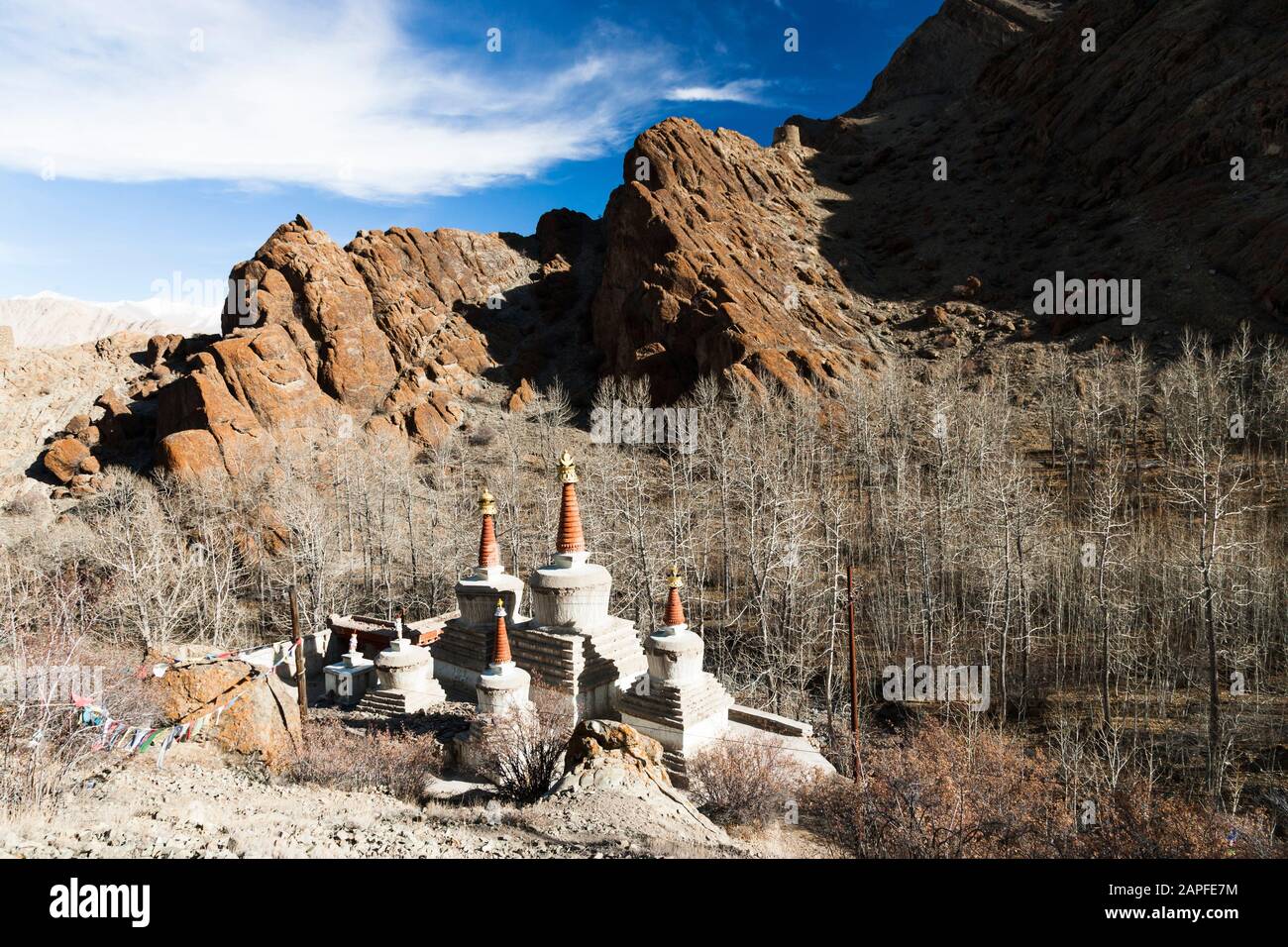Landscape of rock and buddhism stupas, Hemis gompa or Hemis monastery ...