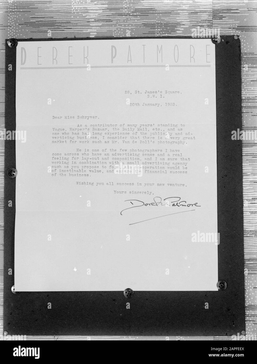 Reproduction Photography Description: Letter from Derek Patmore to Mrs ...