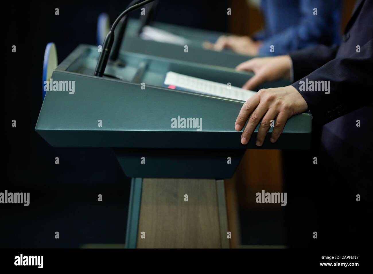 Details with the hand of a politician during a press conference Stock ...