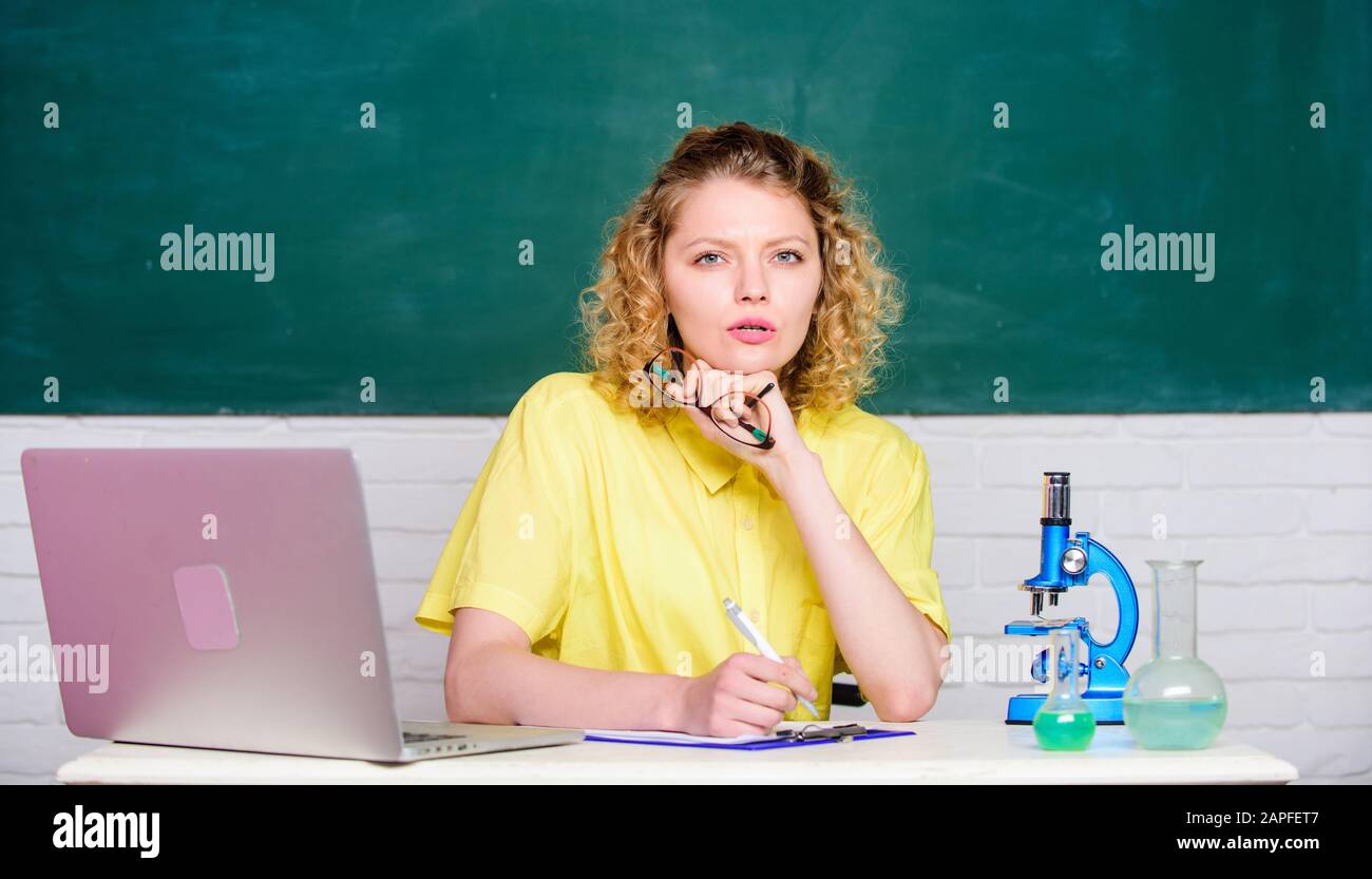 University student or school teacher. Back to school. School laboratory ...