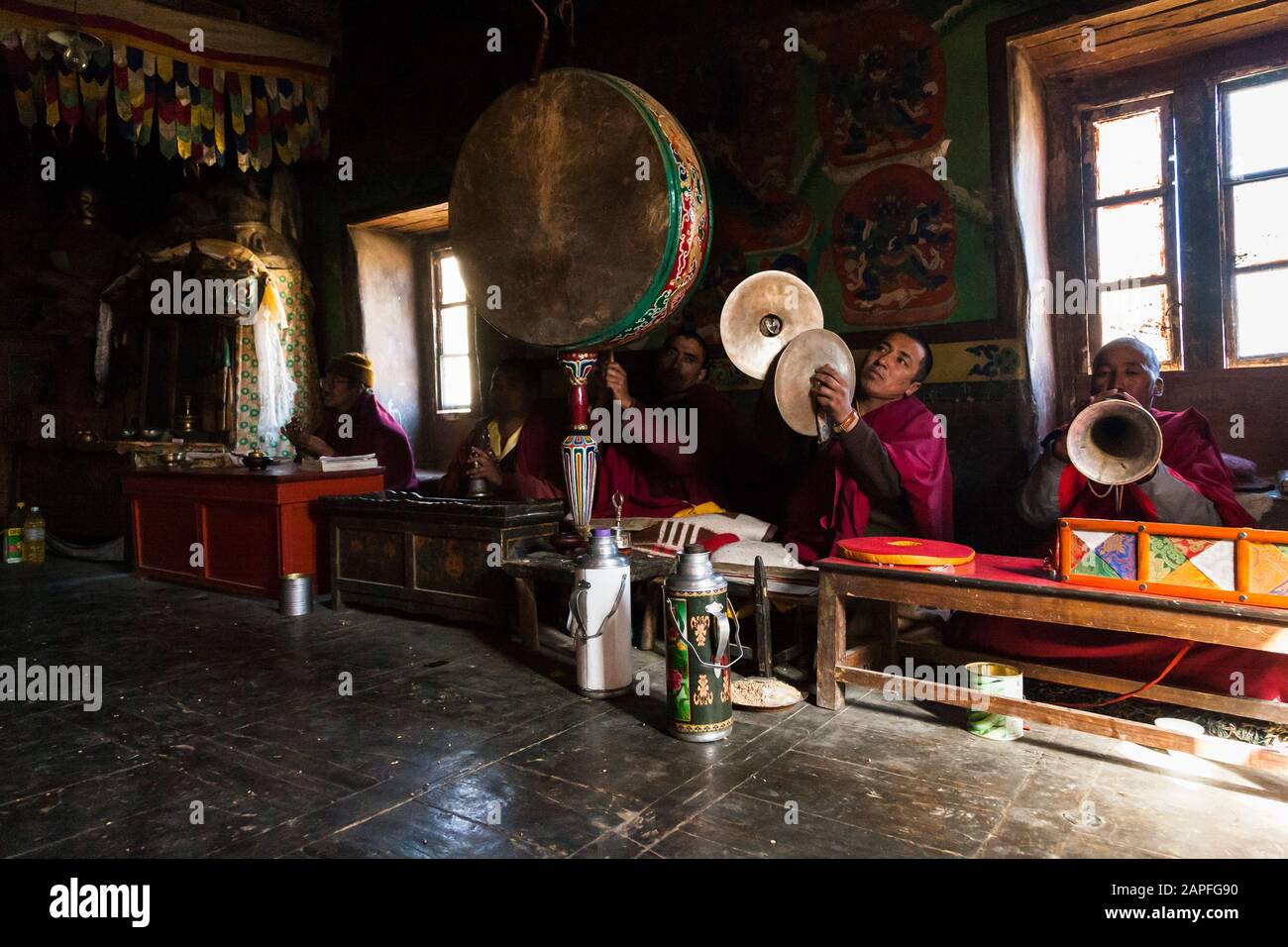 Monks praying with musical instruments, at Lamayuru Monastery, Tibetan ...
