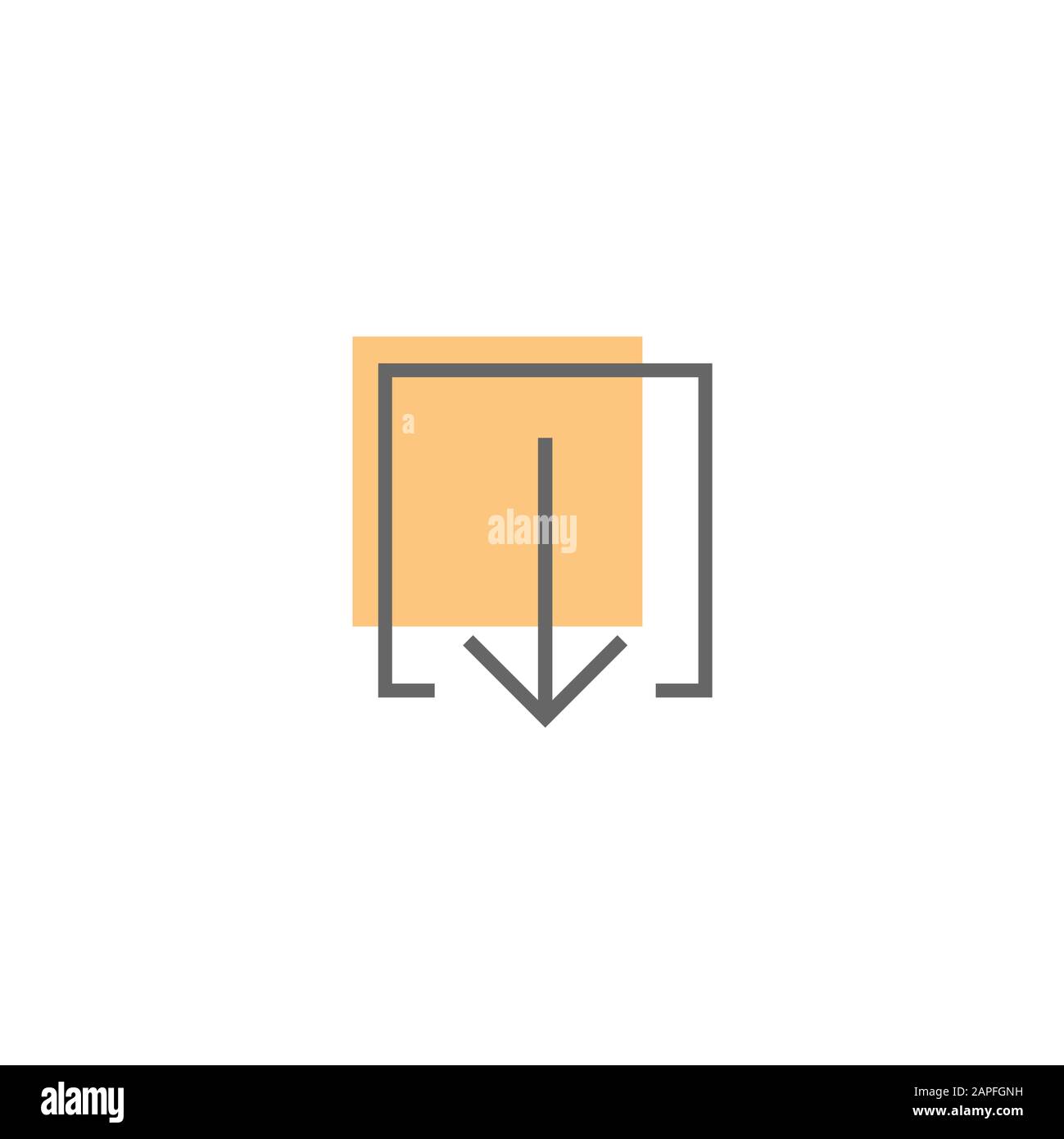 Black thin arrow down in outline square with orange spot. line icon ...