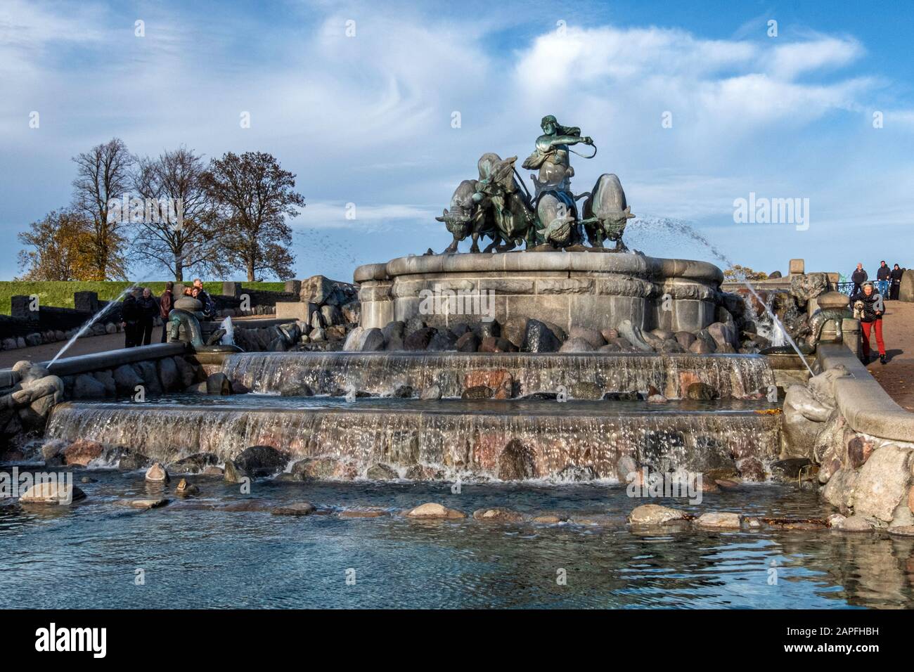 Gefion Fountain. Bronze sculpture of Norse Goddess and oxen next to the ...