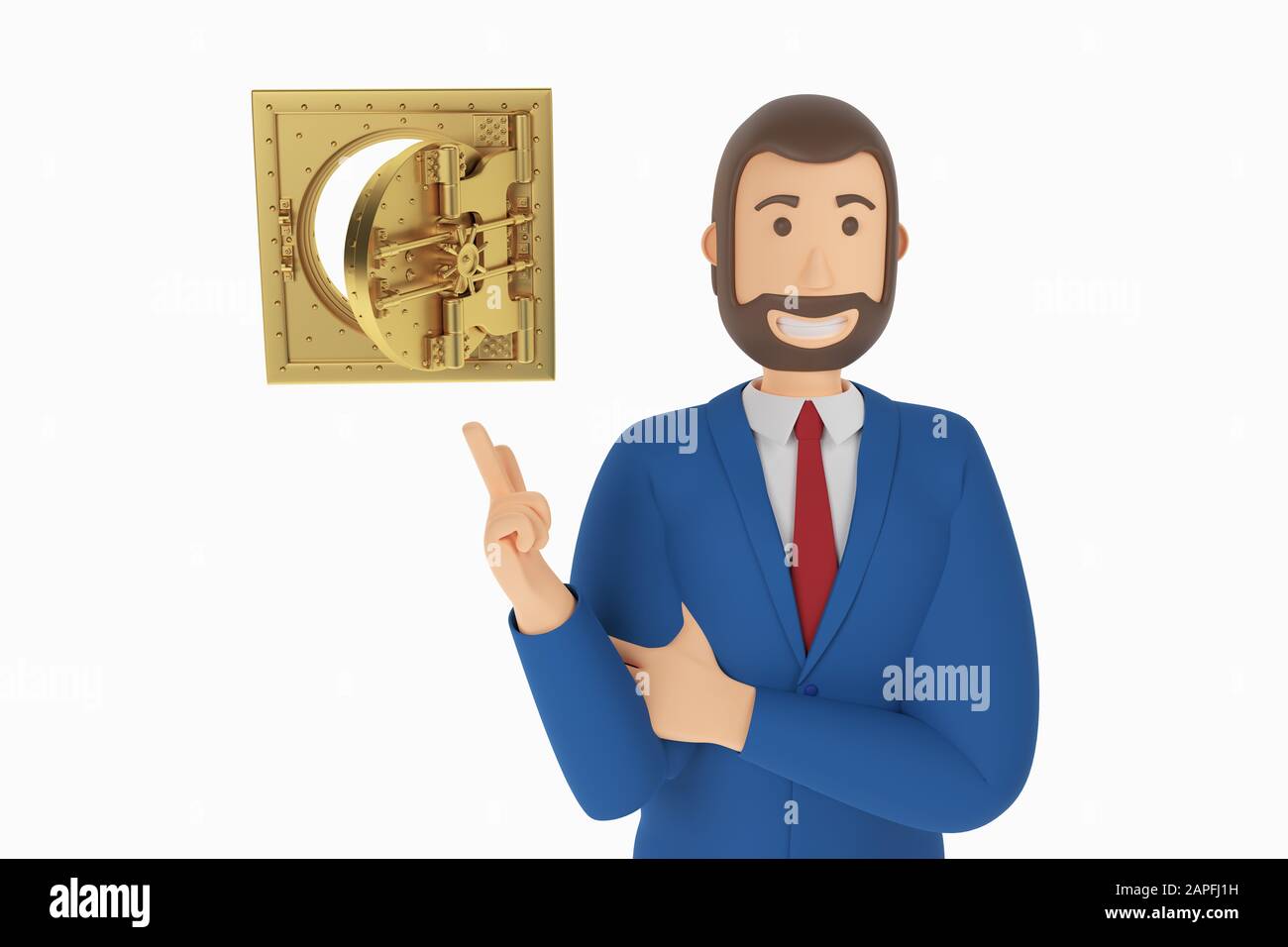 Cartoon character, businessman in suit with pointing finger at vault ...