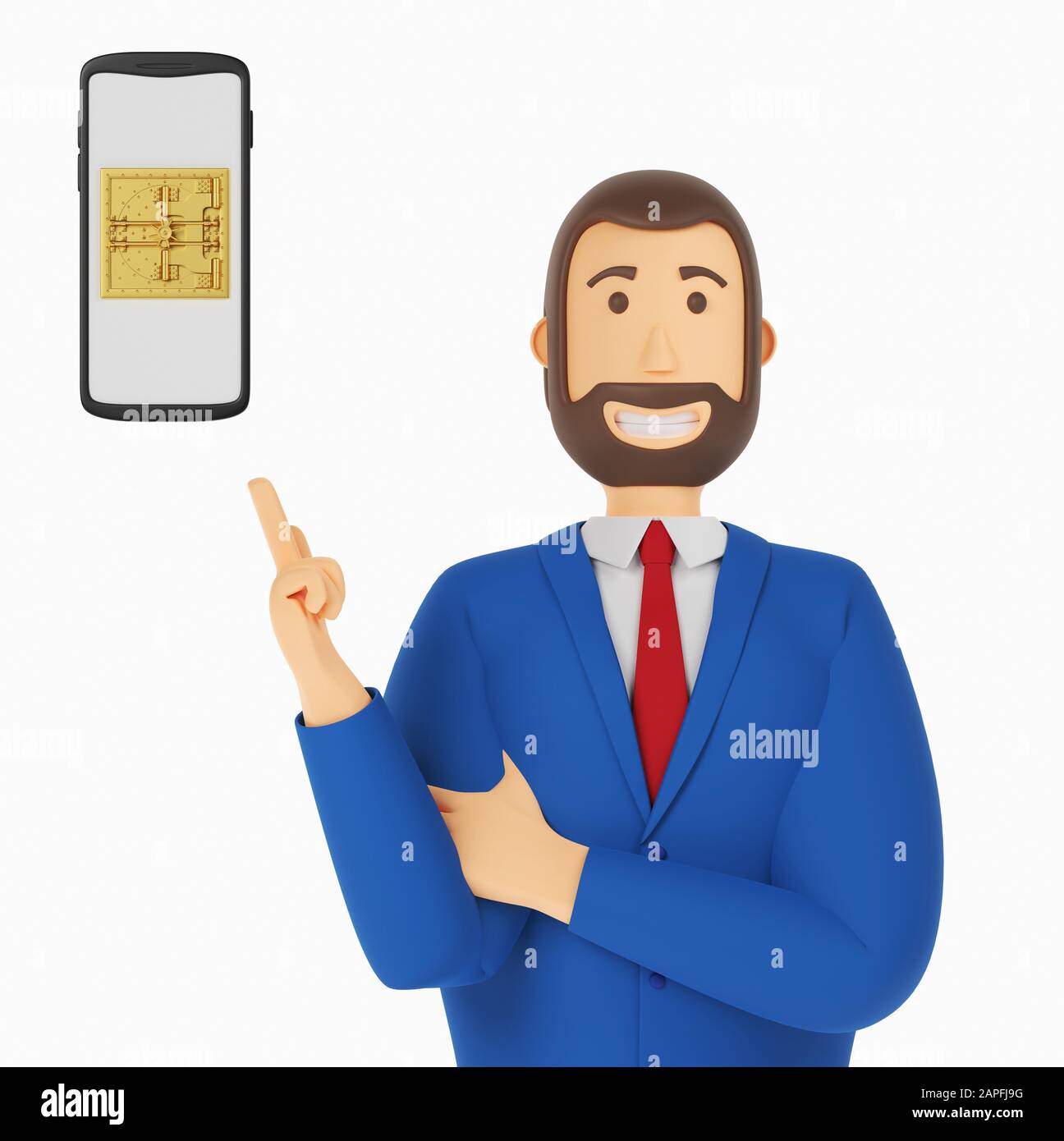 Cartoon character, businessman in suit with pointing finger at mobile ...