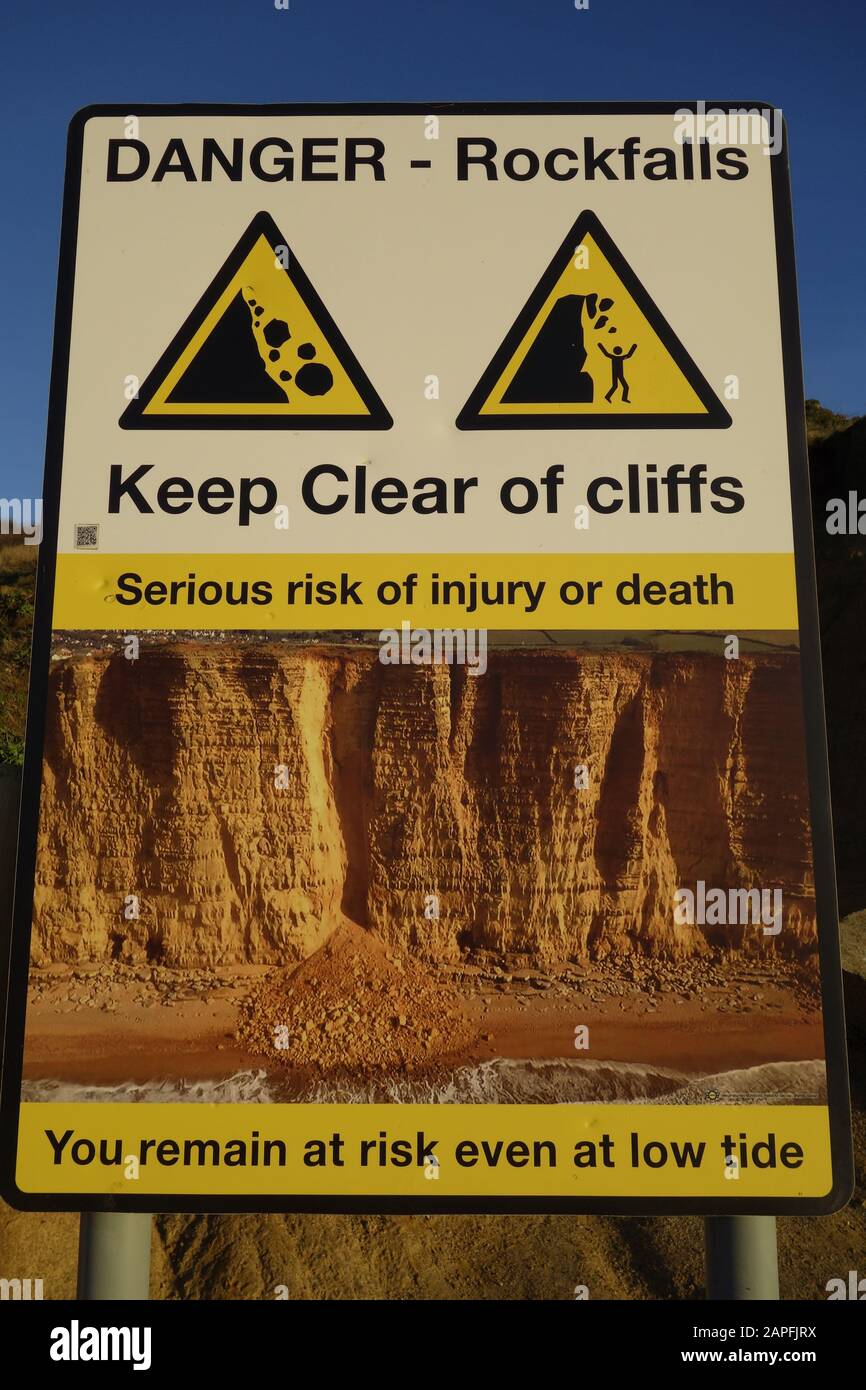 danger rockfalls signpost, signage, danger, west beach west bay yellow ...
