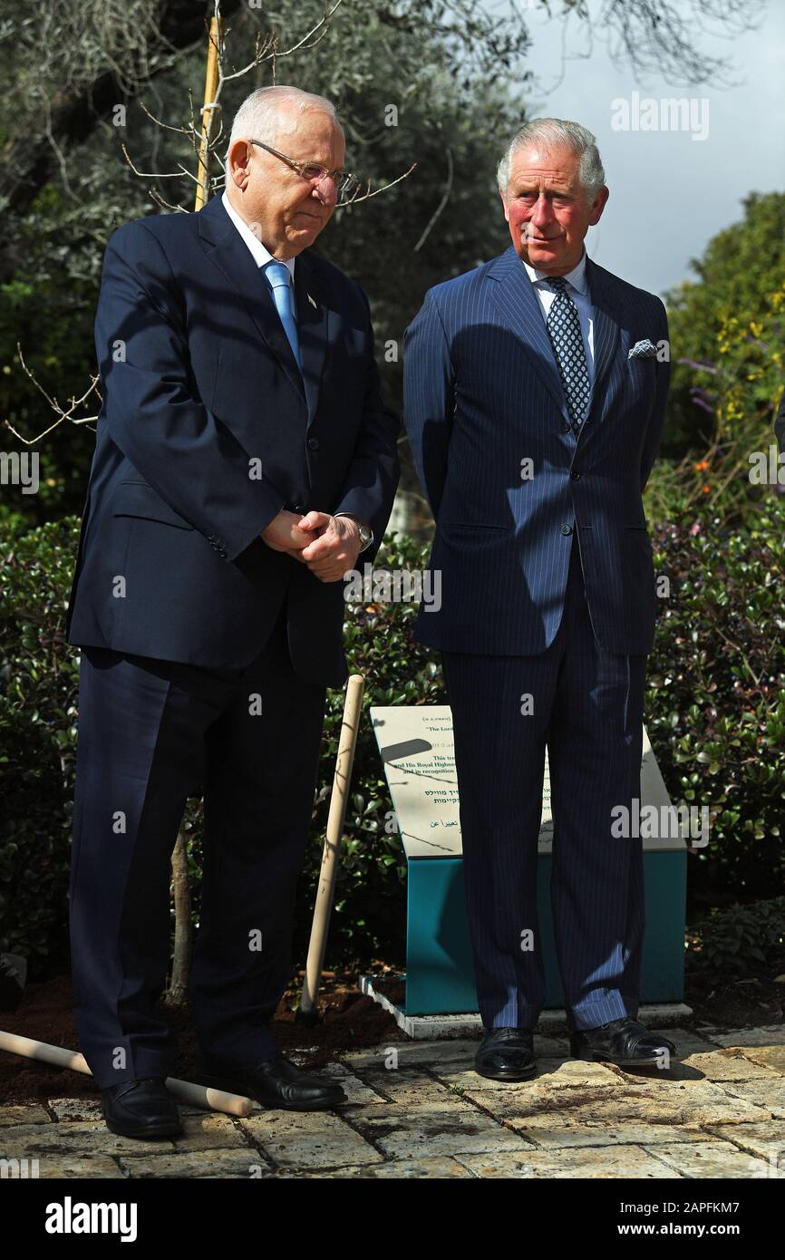 The Prince of Wales with President Reuven Rivlin (left) at his official residence in Jerusalem ...