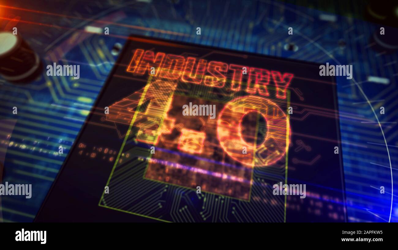 Industry 4.0 glowing hologram over working cpu in background. Modern ...