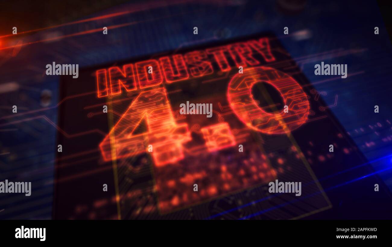 Industry 4.0 glowing hologram over working cpu in background. Modern ...