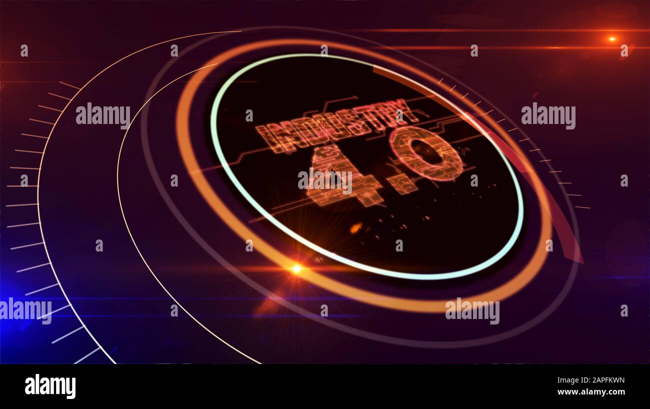 Industry 4.0 glowing hologram over working cpu in background. Modern ...