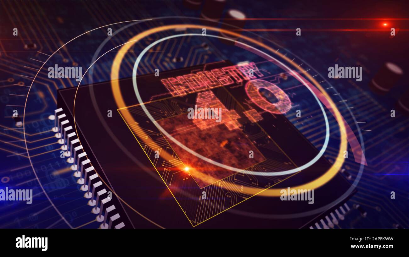 Industry 4.0 glowing hologram over working cpu in background. Modern ...