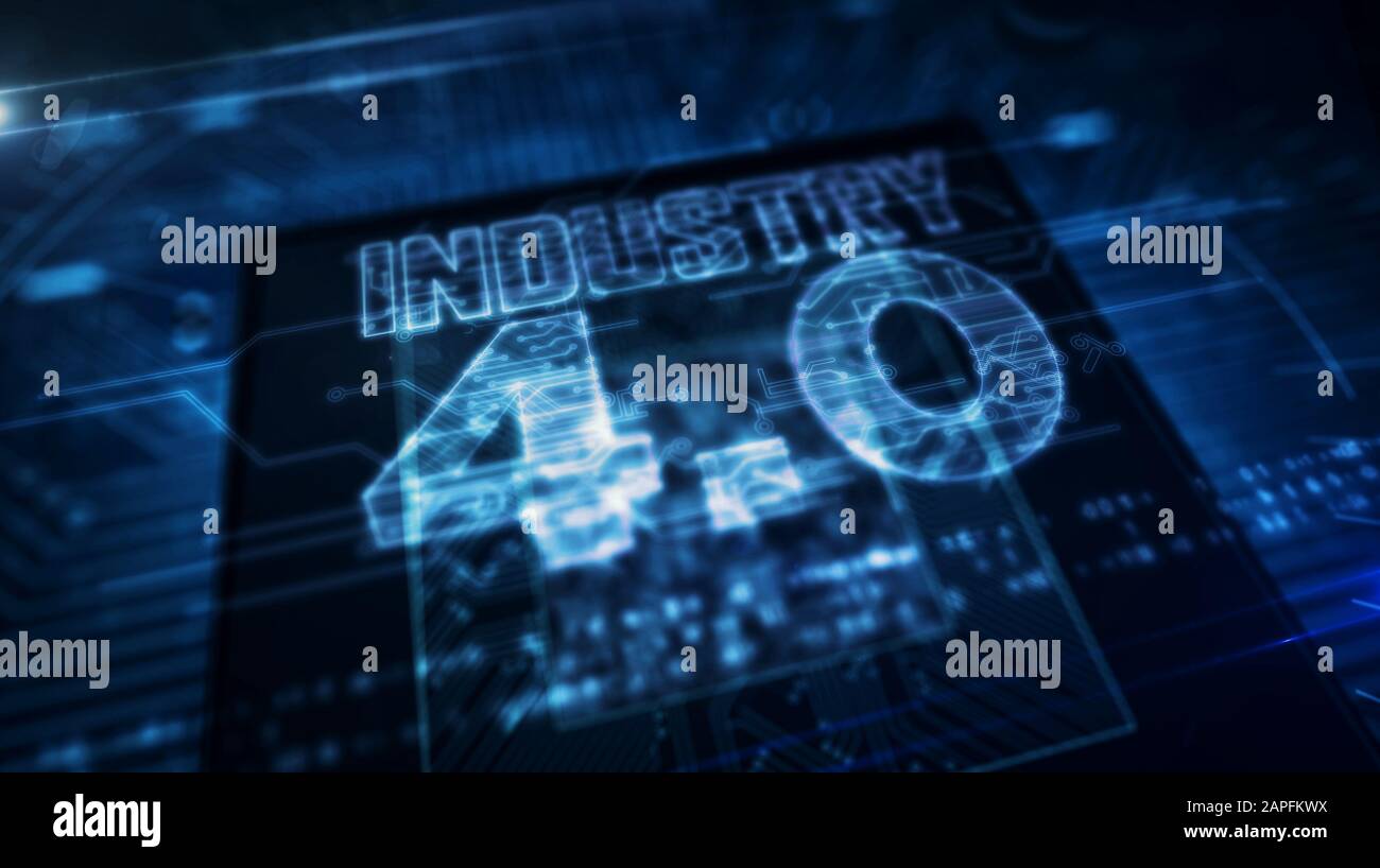 Industry 4.0 glowing hologram over working cpu in background. Modern ...