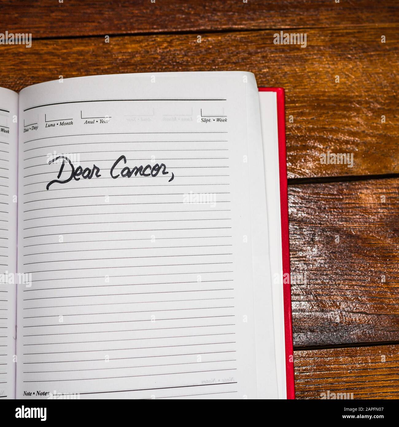 Dear Cancer, handwriting text on page of personal agenda. Letter for ...