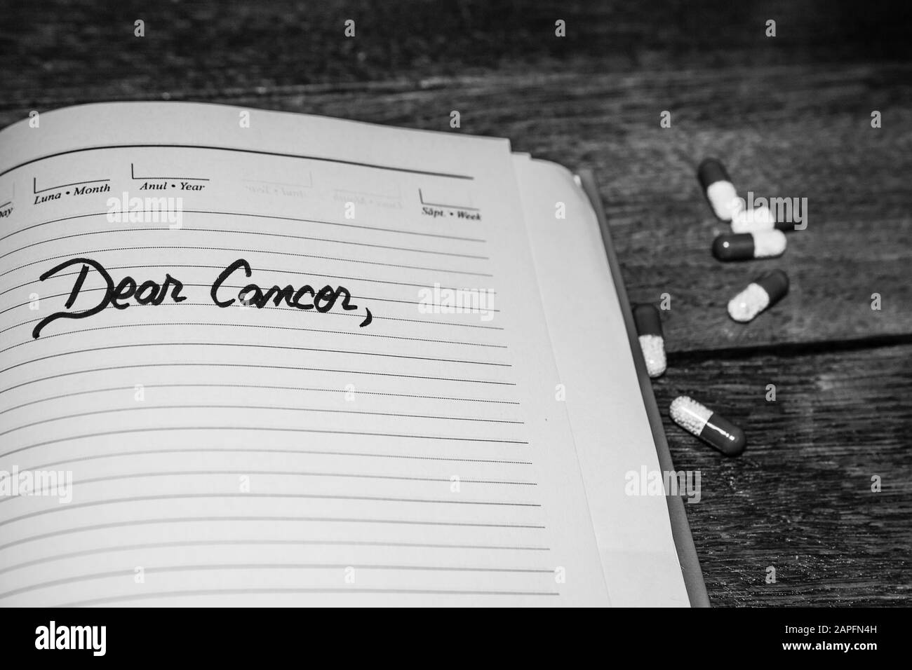 Dear Cancer, handwriting text on page of personal agenda. Letter for ...
