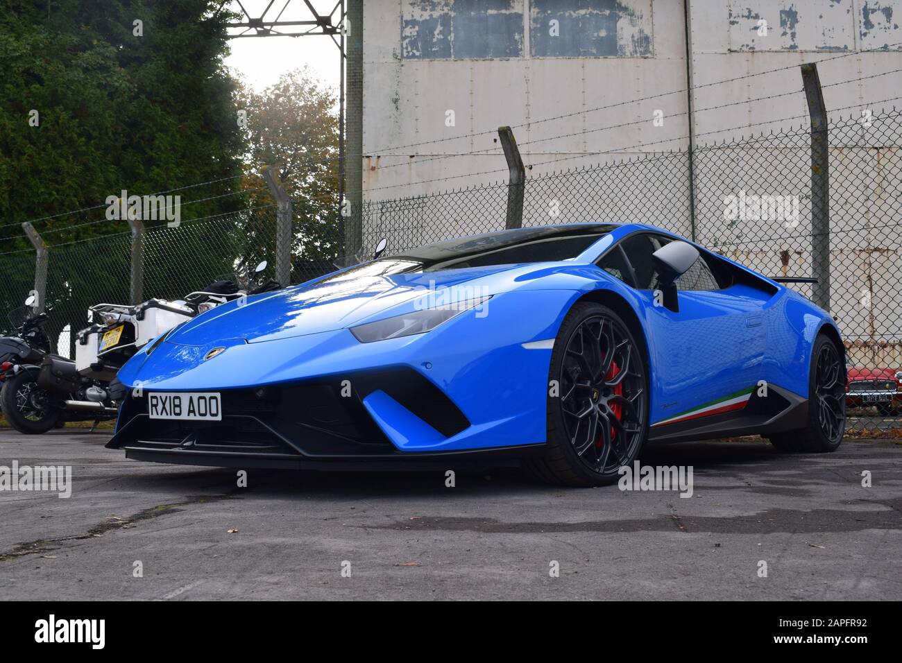 Blue Lamborghini Huracan Performante front three quarter view Stock ...