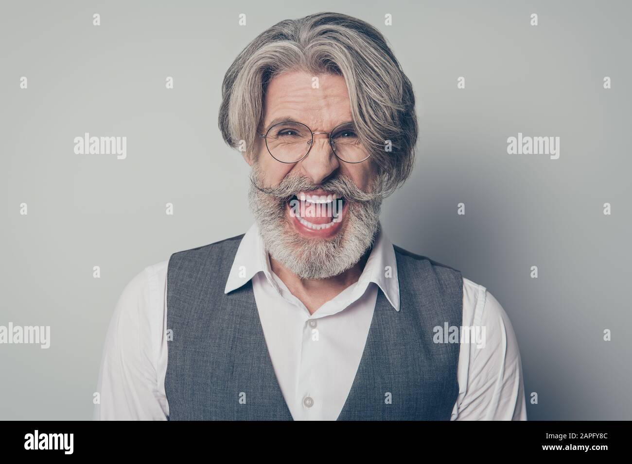Close up photo of mad crazy old man have argument quarrel with his ...