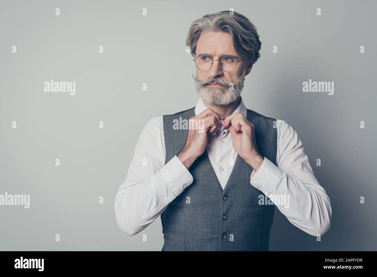 Photo of aged business man strict macho boss serious look side ...