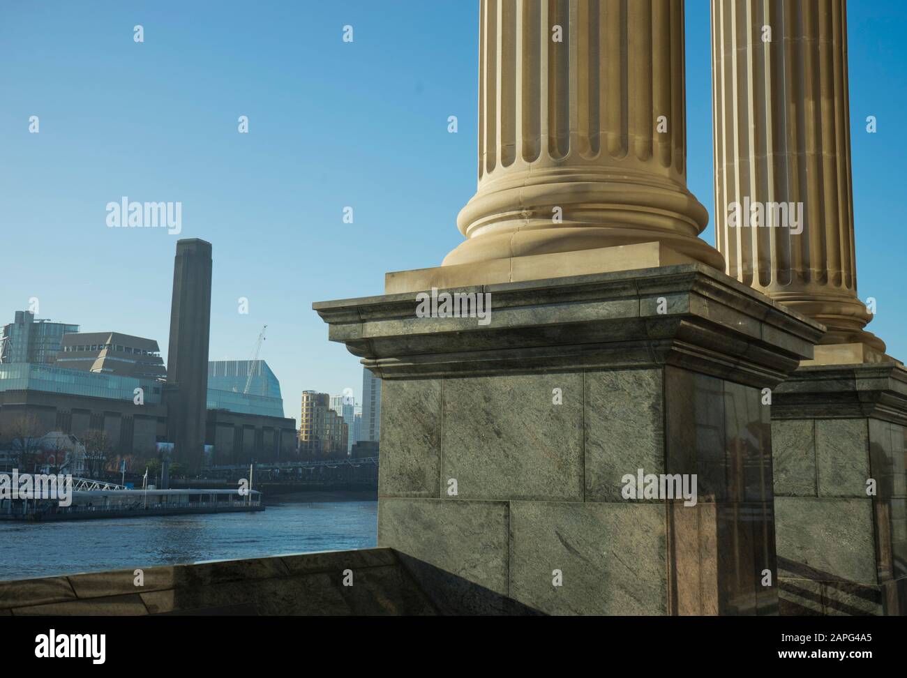 Aspect of classic columns on Queenhithe by River Thames with views of ...