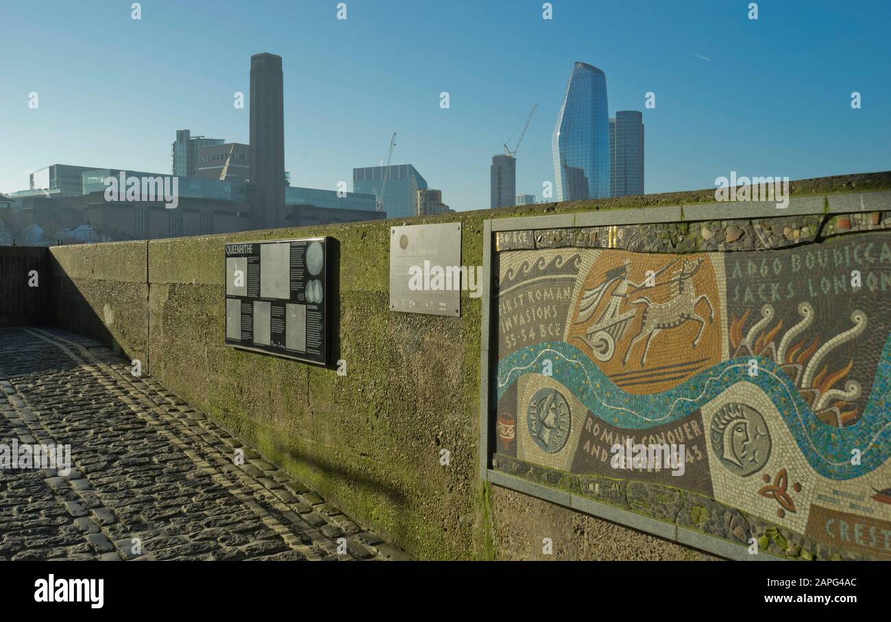 People walking along the pedestrian path by Queenhithe by River Thames ...