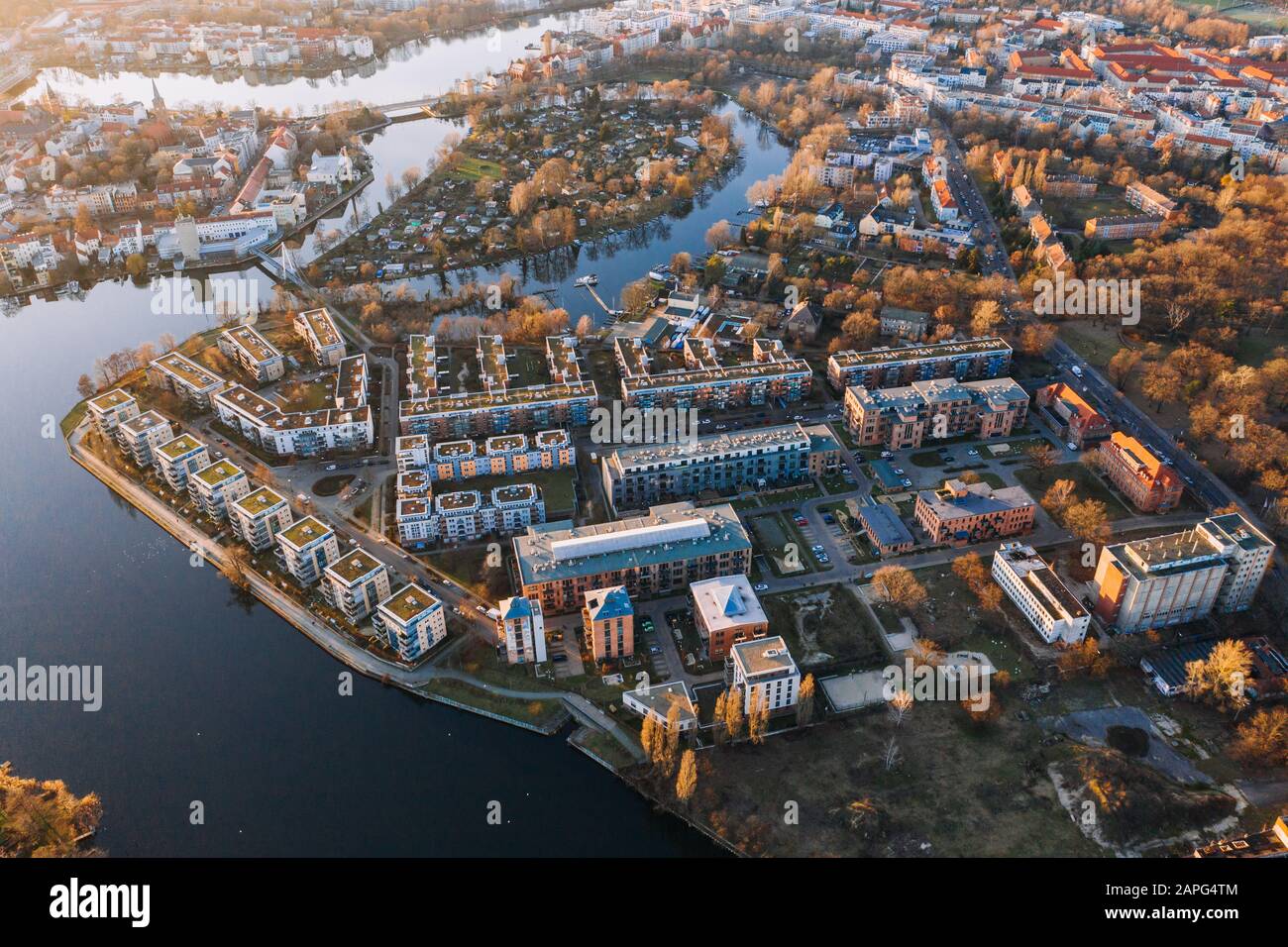 drone photo of Treptow-Kopenick Berlin at sunrise Stock Photo - Alamy